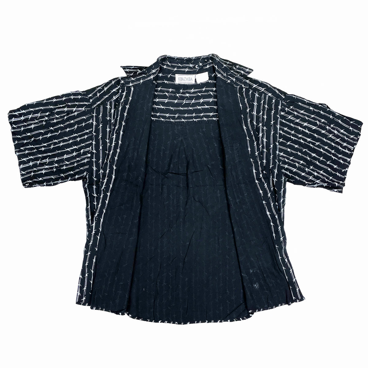(UNIQUE) 1980'S KHAZANA BARBED WIRE TOTAL PATTERN RAYON SHIRT – Linco